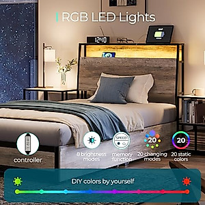 LINSY Twin Bed Frames with Ergonomic Headboard & Lights, Twin Size Bed Frame with 2 Drawers & Charger, Kids Bed Frame with Storage, Greige