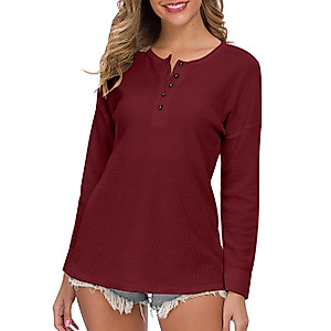 WNEEDU Women's Waffle Knit Tunic Tops Loose Long Sleeve Button Up V Neck Henley Shirts,Jujube Red XL