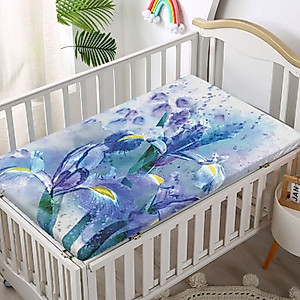 Watercolor Flower Themed Fitted Crib Sheet,Standard Crib Mattress Fitted Sheet Soft & Stretchy Fitted Crib Sheet-Great for Boy or Girl Room or Nursery,28“ x52“,Lilac Teal Ecru