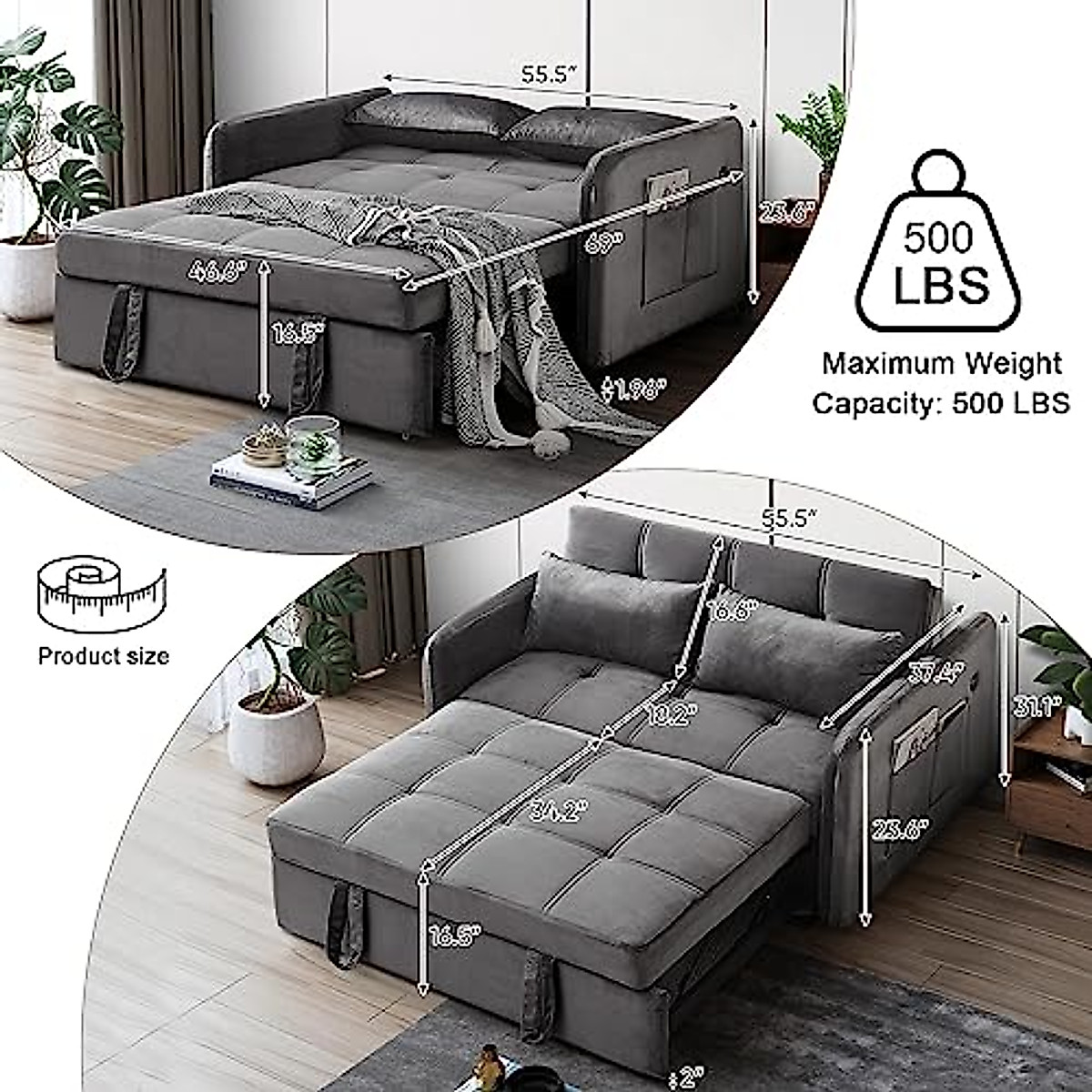 Velvet Pull Out Sleeper Sofa Bed with USB Ports, Convertible Futon Couch with Adjustable Backrest, 3 in 1 Modern Loveseat with 2 Pockets and Pillows, Small Love Seat for Living Room, Office, Dark Grey