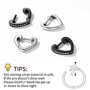 ChicSilver 7MM Small Black Hoop Earrings for Women 925 Sterling Silver White Cubic Zirconia Heart Huggie Earrings Hypoallergenic Lightweight Tiny Hoops Cartilage Earrings