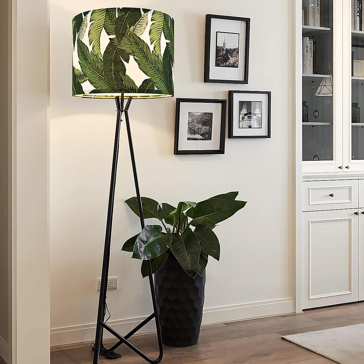 Tropical Lamp Shades - Natural Burlap Drum Lampshades with Greenery Leaf Print - 13" Top x 13" Bottom x 10" High - Ideal for Table & Floor Lamps - Hand Crafted - Farmhouse Decor - Assembly Required