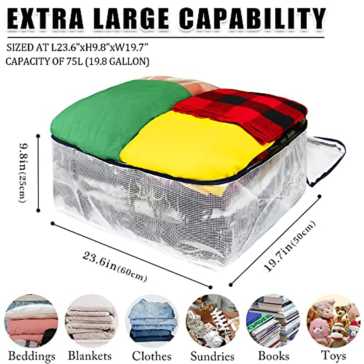 Clear Storage Bags with Zipper, 75L Extra Large Capacity - Closet, Underbed Storage Organizer for Clothes, Bedding, Comforter, Toys, Pillow & Blanket, 3 Pack