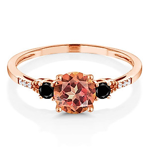 Gem Stone King 10K Rose Gold Ecstasy Mystic Topaz Black Diamond and White Diamond Accent 3-Stone Engagement Ring For Women (1.17 Cttw, Round 6MM, Gemstone November Birthstone, Size 9)