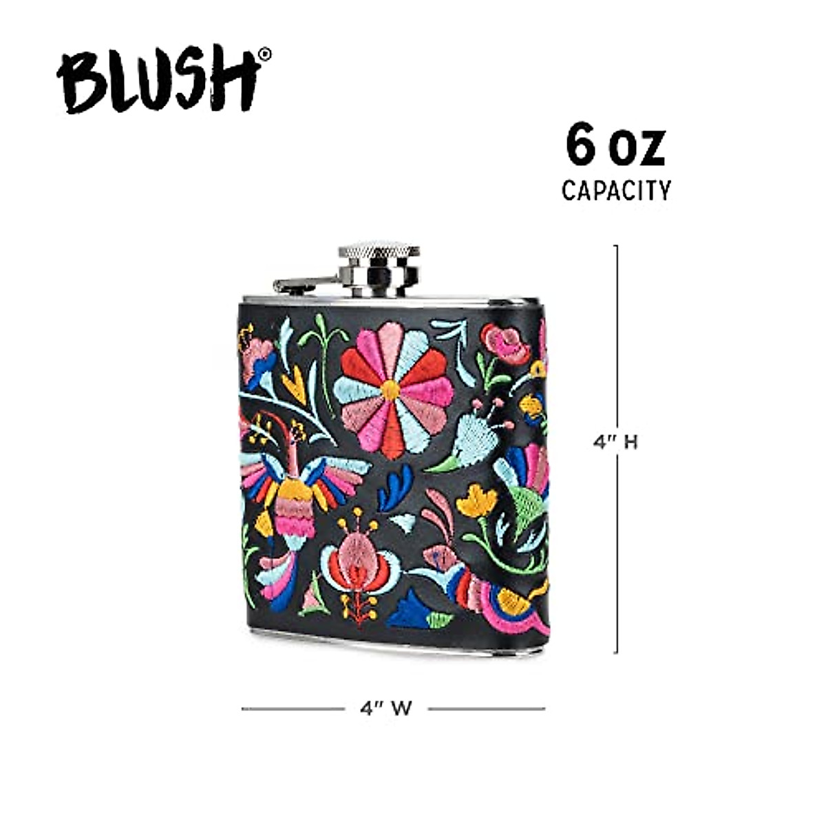 Blush Black Floral Embroidered Flask - Pocket Leather Flask Purse for Women, Whiskey Drinking Flasks, Small Thin Metal Stainless Steel Flasks for Liquor for Women, Wine Accessories - 6 oz, Black