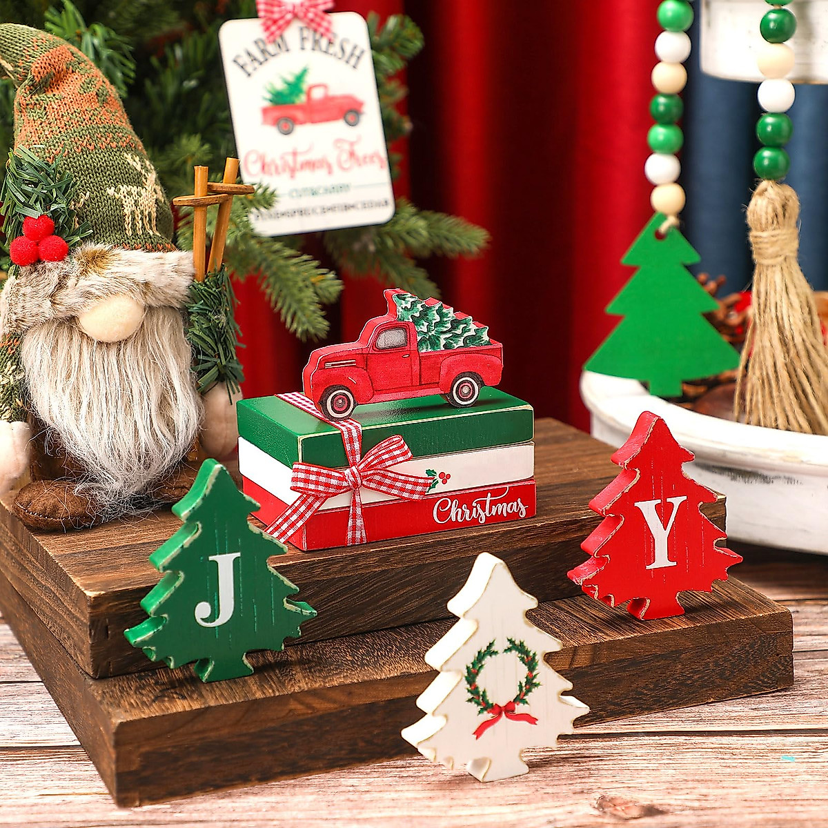 Christmas Tiered Tray Decor Christmas Book Stack Wooden Truck Tree Decor Farm Fresh Christmas Trees Wooden Block Sign Farmhouse Xmas Tree Gnomes Plush Beads Garland Decor Set for Home Table (Joy)