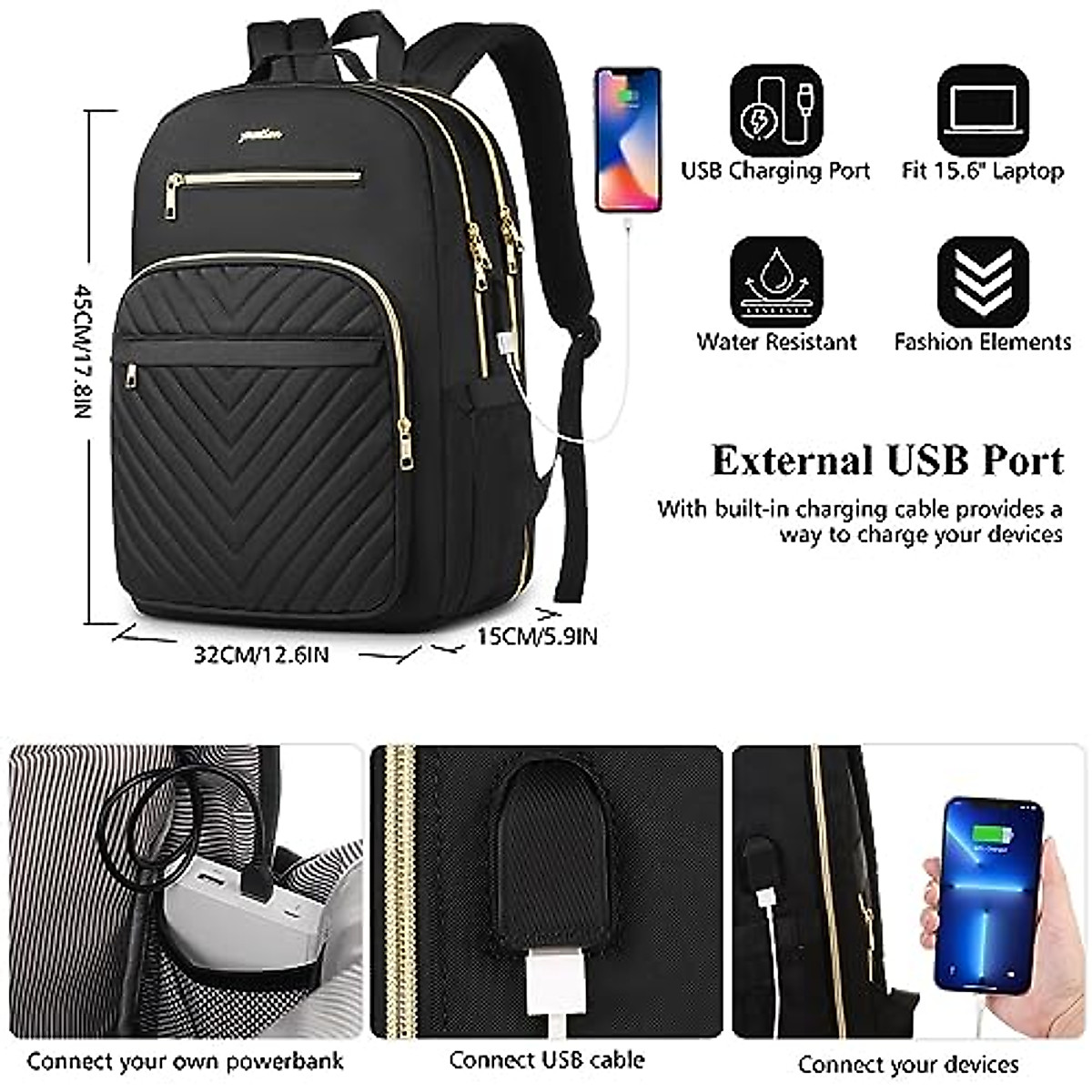 YAMTION Laptop Backpack Women,School Backpack for Women USB Bookbag for Business Work Office College Students Teacher,Black 15.6 inch