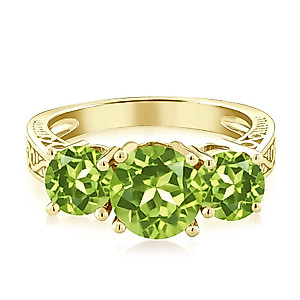 Gem Stone King 18K Yellow Gold Plated Silver Green Peridot 3-Stone Ring For Women (2.35 Cttw, Gemstone Birthstone, Available In Size 5, 6, 7, 8, 9)