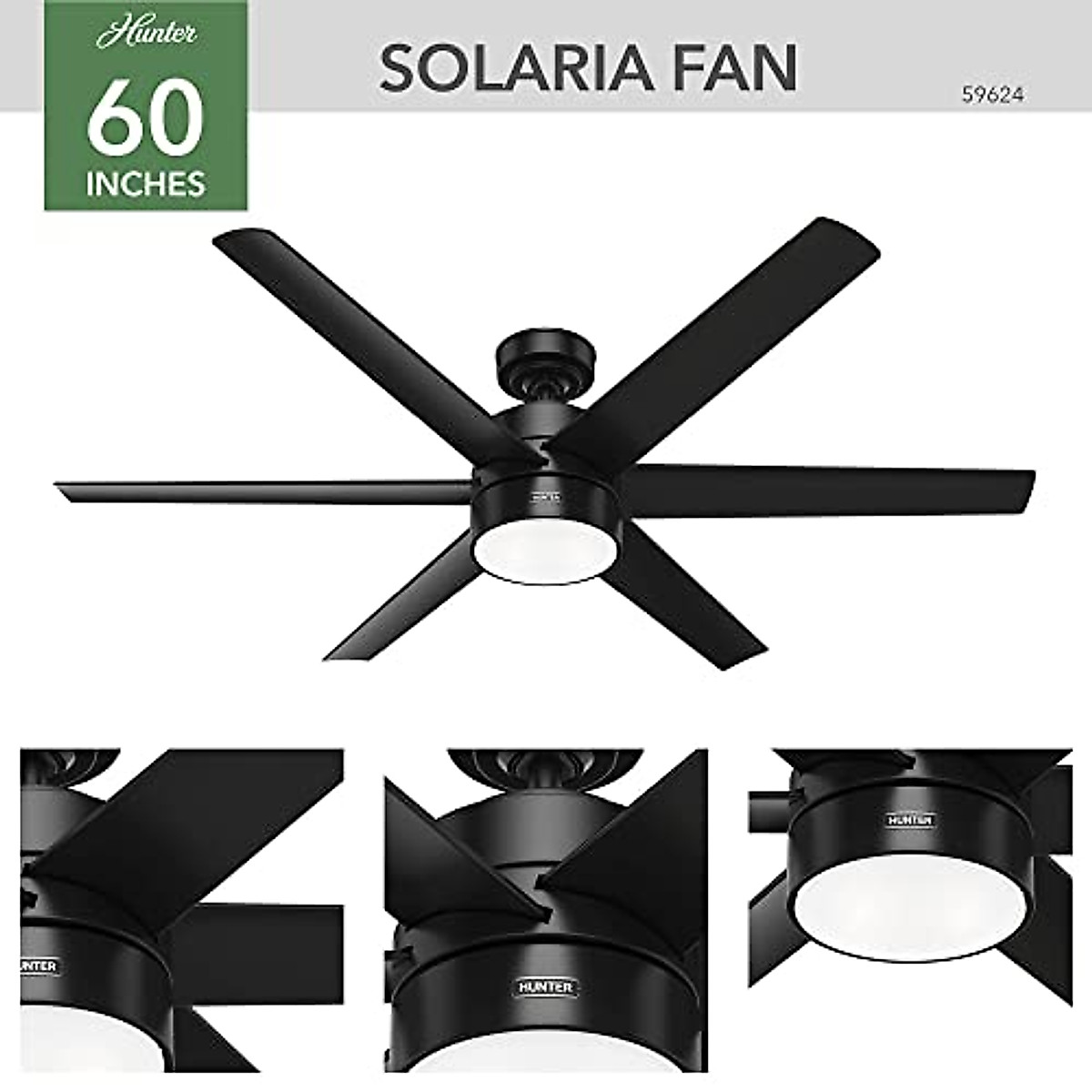 Hunter Fan Company 59624 Solaria Ceiling Fan, 60, Matte Black Finish