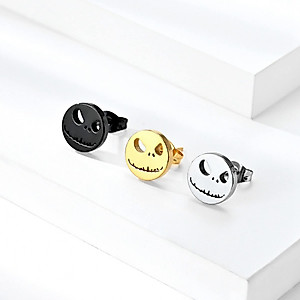 Stainless Steel Black/Silver Jack Skellington Cut-Out Round Circle Button Stud Post Earrings（10mm） ER72 (Gold)