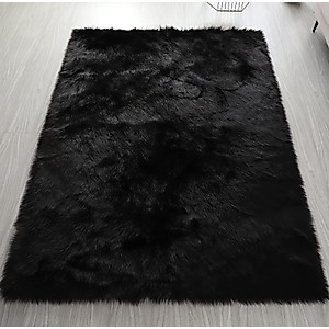 7 x 5 Feet Luxury Shag Area Rug,Rectangle Plush Fuzzy Rugs,Ultra Soft Fluffy Faux Fur Sheepskin Area Rug,Non-Slip Shaggy Furry Carpets for Boys/Girls Room Bedroom (Black, 7x5Feet)