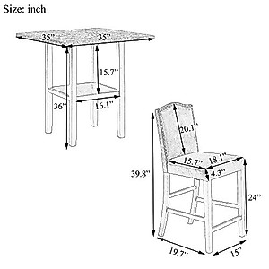 Counter Height Dining Table Set with Storage Shelf 5 Piece Bar Height Faux Marble Table and Chairs Dinning Room Breakfast Table Set Pub Table and Chairs Set of 4, Black Chair+Gray Table