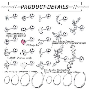 BESTEEL 28 Pcs 16g Cartilage Earring Stud Hoop for Women Tragus Stud Earring Cartilage Piercing Jewelry Surgical Steel Forward Helix Earrings Hoop Rook Daith Conch Piercing Jewelry Silver
