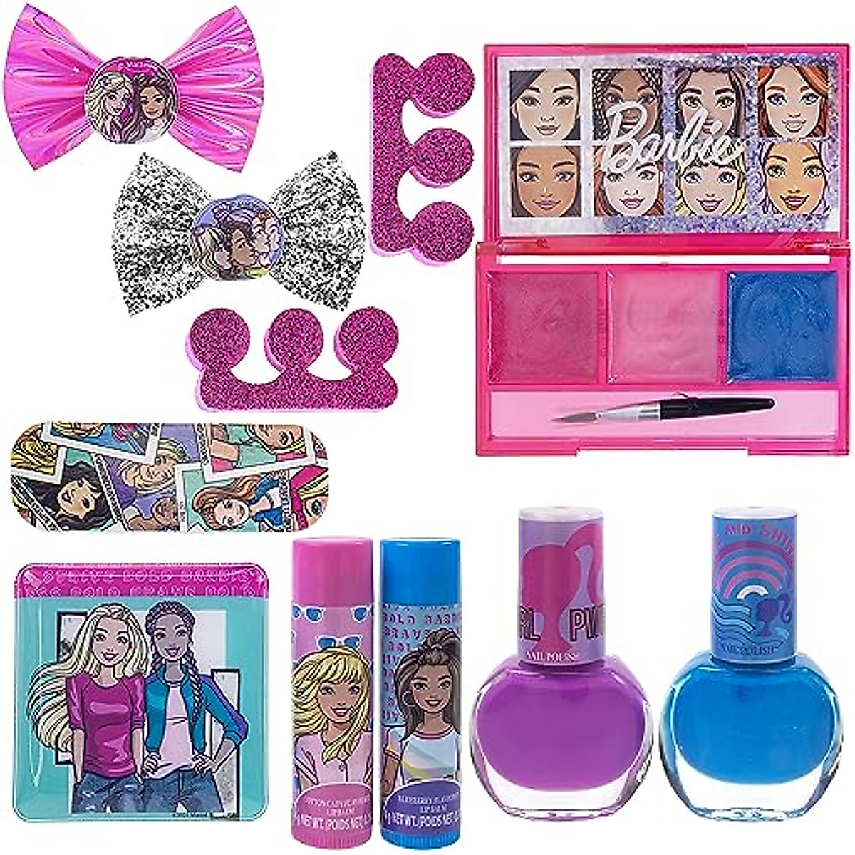 Barbie - Townley Girl 15 Pcs Makeup Filled Backpack Cosmetic Gift Set with Mirror Includes Lip Gloss, Nail Polish, Hair Bow & More! for Kids Girls, Ages 3+ Perfect for Parties, Sleepovers & Makeovers