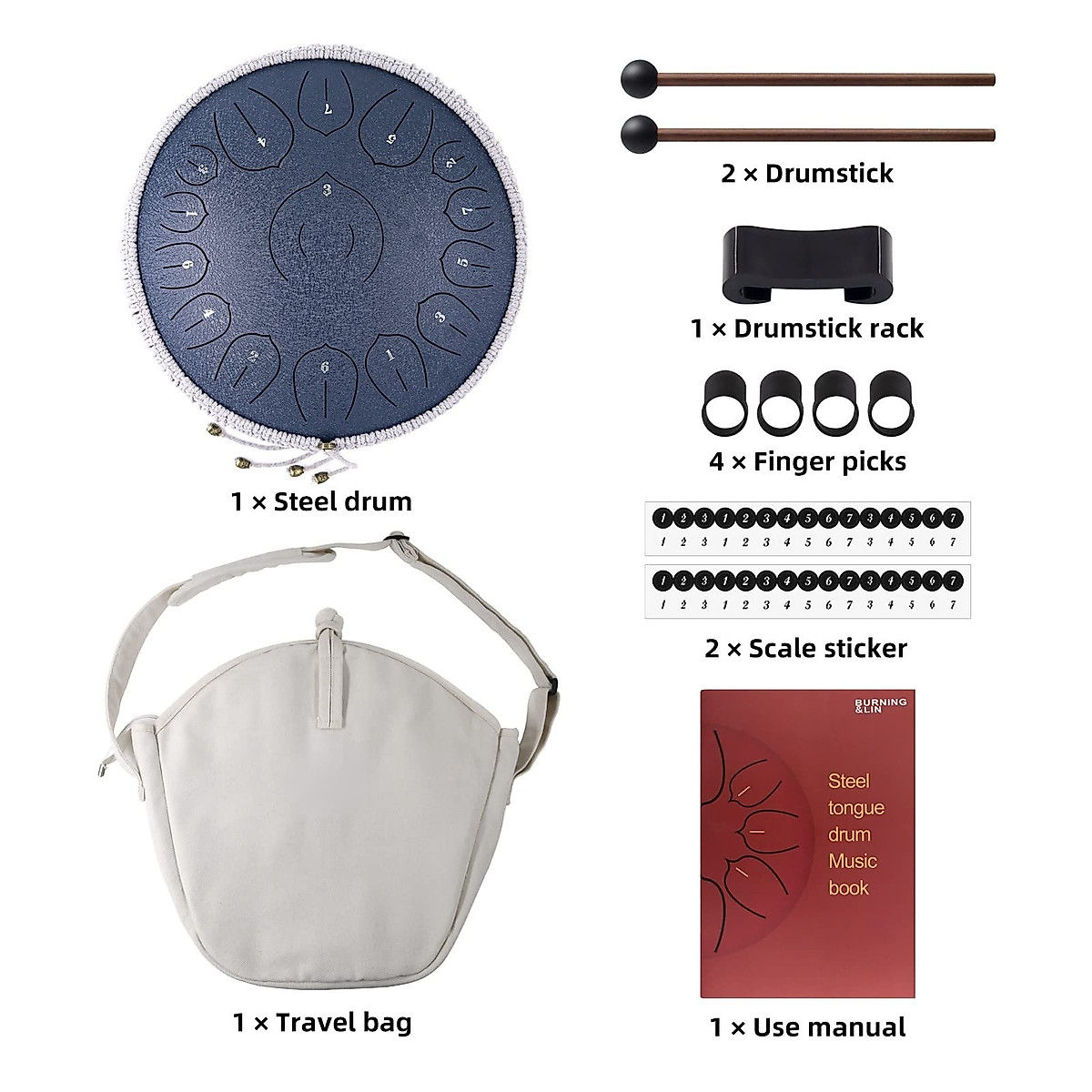 BURNING&LIN Steel Tongue Drum 15 Notes 14 Inches Tongue drum Handpan Drum Percussion for Meditation Yoga Musical Education Best Gift for Adult& Kids