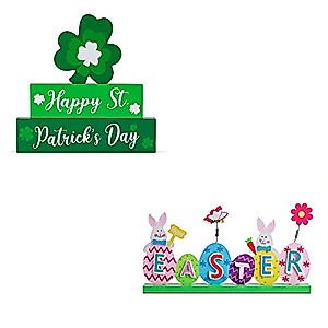 Happy St Patrick's Day Wooden Table Decorations and Happy Easter Centerpiece with Colorful Bunny and Eggs Signs
