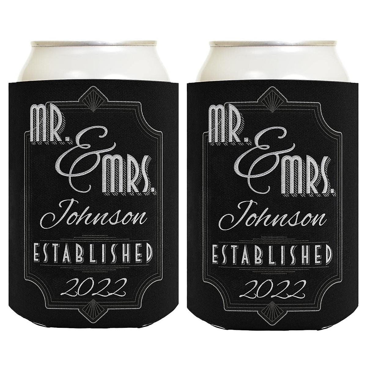 Engagement Party Favor For Women Mr & Mrs Custom Name and Established Date 2-Pack Personalized Can Coolie Drink Coolers Coolies Black