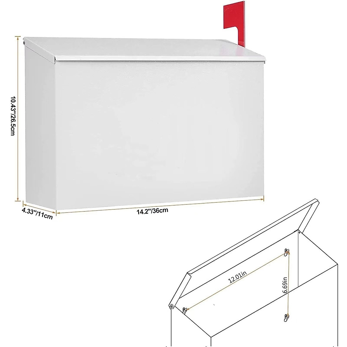 LAND·VOI Wall-Mount Mailbox with One Flag Kit and Three Sets of 0-9 Mailbox Number Stickers, Galvanized Steel Rust-Proof Metal Post Box, Mailboxes for Outside, 4.33" Dx14.2 Wx10.43 H, White AMB03W