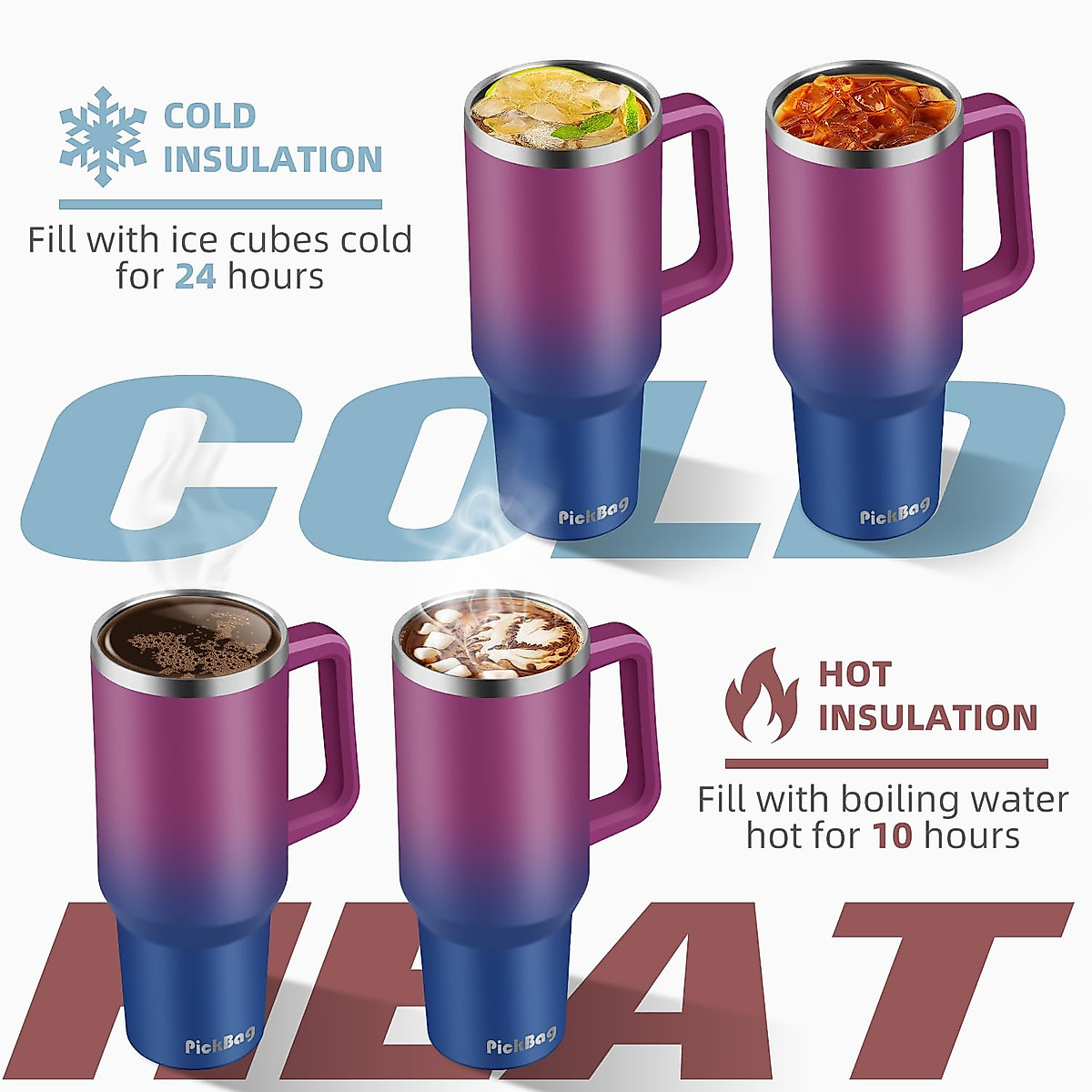 40 oz Tumbler with Handle and Straw, 100% Leak Proof Tumblers Cup, Stainless Steel Insulated Travel Coffee Mug, Keeps Drinks Cold for 24 Hours or Hot for 10 Hours, Fits for Car Cup Holder, PurpleBlue