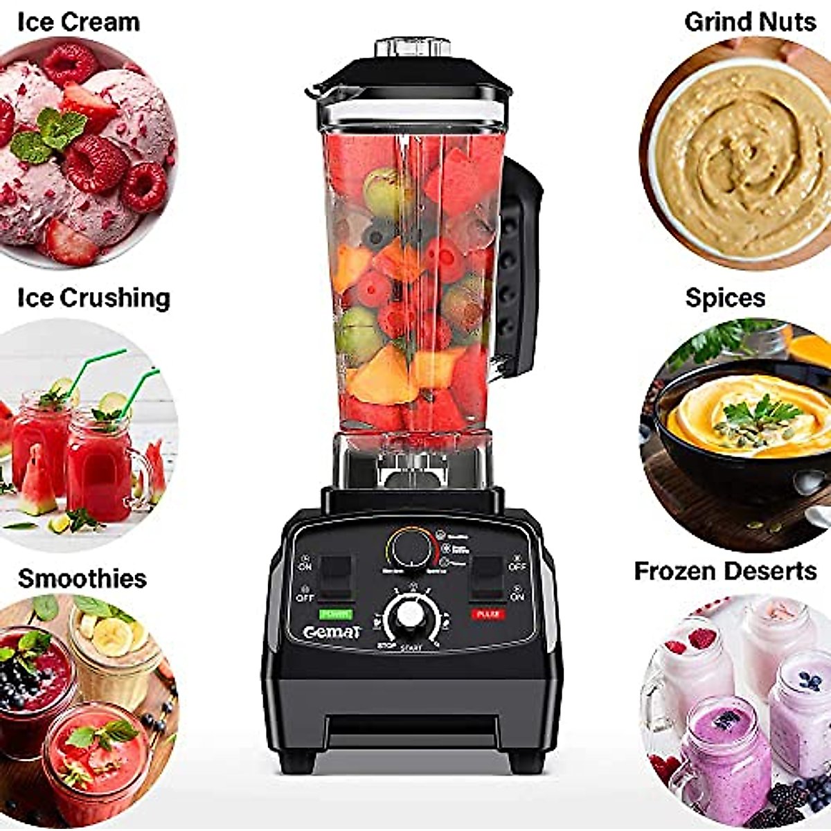 GEMAT Professional Countertop Blender with 1400-Watt Base, Smoothie Blender ,Built-in Timer ,High Power Blender 2L Cups for Frozen Drinks ,Shakes and Smoothies