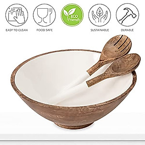 Wooden Salad Bowl Set Large 12" with Server Tongs Spoons, White Bowl with Utensils for Kitchen Gift Decor