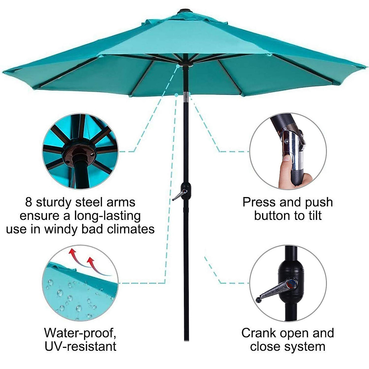 Grand patio 9 FT Enhanced Patio Umbrella with 8 Ribs, Table Market Umbrella with Crank/Tilt, Outdoor Shades for Pool Garden Yard Deck Beach, Blue