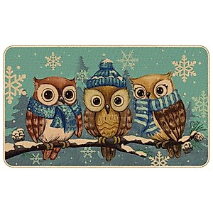Winter Door Mat, Non Slip Owl Welcome Entrance Mats Christmas Winter Snowflake Home Decor 29 x 17 Inch Rubber Kitchen Doormat for Xmas Holiday Entryway Front Porch Farmhouse Decoration