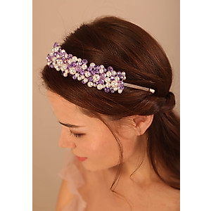Kercisbeauty Purple Crystal and Pearl Hair Tiara for Girls Prom Wedding Bridal Handmade Crown Women Special Occasion Boho Jewelry (Purple)