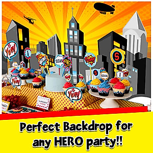 Bigtime Signs XL Superhero Backdrop with 6 Comic Action Word Photo Booth Props - Compliments Any Superhero Party Decorations - 4 x 6 ft - Cityscape Superhero Birthday Decorations Hangs on Wall Easily