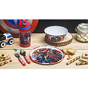 zak! Marvel Universe - 5-Piece Dinnerware Set - Durable Plastic & Stainless Steel - Includes Water Bottle, 8-Inch Plate, 6-Inch Bowl, Fork & Spoon - Suitable for Kids Ages 3+