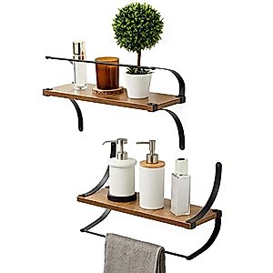 AMADA HOMEFURNISHING Floating Shelves Wall Mounted, Wall Shelves for Bathroom, Bedroom, Kitchen, Living Room, Bathroom Shelf with Towel Bar, Set of 2, Rustic Brown - AMFS20N