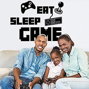 Eat Sleep Game Wall Decal, Video Gamer Boy Wall Sticker, Vinyl Game Décor Wall Stickers Art Design Stickers Wall for Home Playroom Bedroom Game Boys Room(28" L x 18" H)