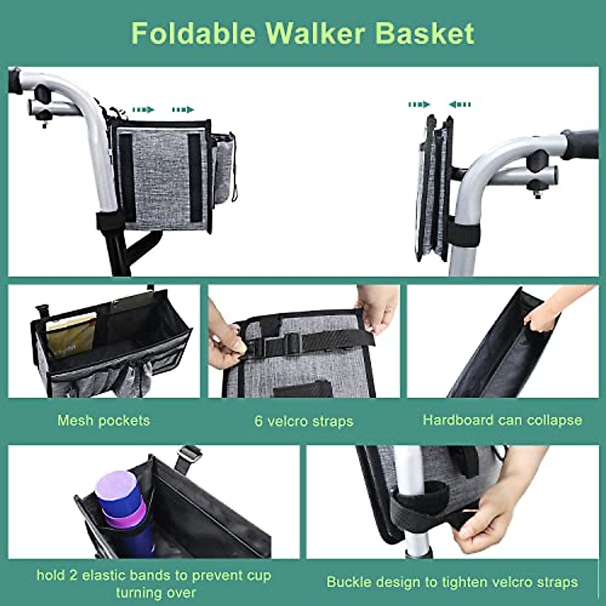 Basket for Walker, Ravmix Walker Accessories Bag with Cup Holder, Walker Basket for Folding Walker Hands-Free Storage Bag with Big Capacity & Never Tipping Over, Space Gray