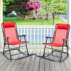 Giantex Rocking Camping Chair Folding - Outdoor Rocker Camping Chair w/Pillow High Back Ergonomic Armrests & Footrest, Foldable Rocking Lawn Chair for Patio Camping Lawn Backyard Garden (1, Red)