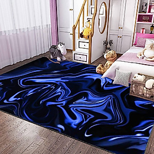 D1KV9Z46FE Modern 3D Home Area Rugs Marble Blue Black Neon Abstract Wave Sea Night Marbled Texture Carpets Non-Slip Extra Size Yoga Mat Runner Rug for Living Room Bedroom Girls Playroom Decor, 6x9 ft