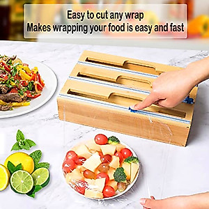 Tuipm Wrap Dispenser with Cutter, Plastic Wrap, Aluminum Foil and Wax Paper Dispenser for Kitchen Drawer, Bamboo Roll Organizer Holder, 3 in 1 Wrap Dispenser Compatible with 12" Roll