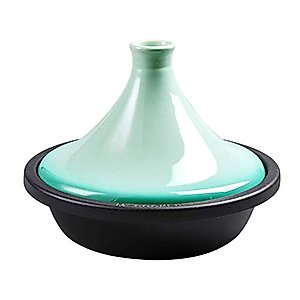 JINXIU Casserole 10.6" Cast Iron Tagine Pot, Large Cooking Tagine, Tajine with Enameled Cast Iron Base and Cone-Shaped Lid with Anti-Hot Silicone Gloves (Color : Blue)