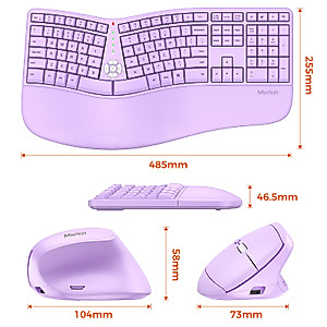 MEETION Ergonomic Wireless Keyboard and Mouse, Ergo Keyboard with Vertical Mouse, Split Keyboard Cushioned Wrist Palm Rest Natural Typing Rechargeable Full Size, Windows/Mac/Computer/Laptop,Purple