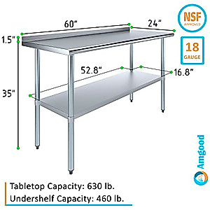 AmGood 60" Long x 24" Deep Stainless Steel Work Table with 1.5" Backsplash | Metal Kitchen Food Prep Table | NSF