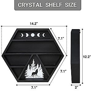 Unistyle Crystal Shelf Display Crescent Moon Shelf, Hexagon Crystal Holder for Stones, Essential Oils & Whichy Shelves Wood Crystal Wall Decor, Black Rustic Wooden Display for Boho Meditation Decor