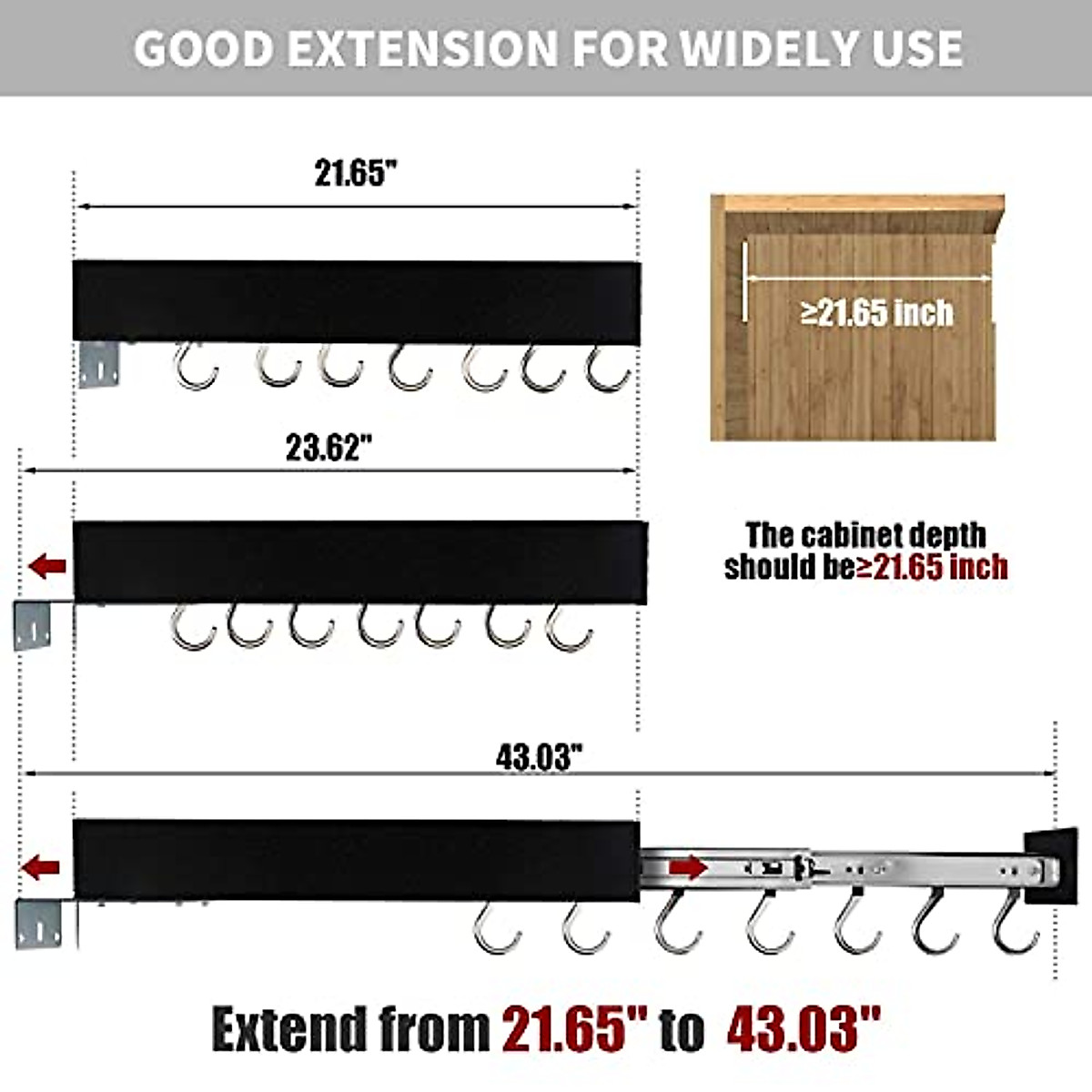 SOYO Adjustable Pot Racks Pan Utility Organizer Pull Out Kitchen Cabinet 7 Hook for Hanging, Sliding Pantry Organization and Storage, Black