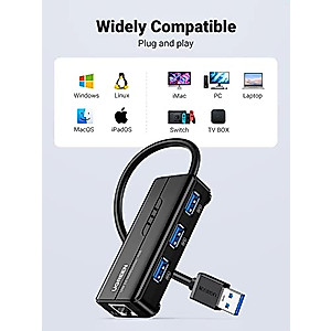UGREEN USB 3.0 Hub Ethernet Adapter 10 100 1000 Gigabit Network Converter with 3 USB 3.0 Ports Hub Compatible with Laptop PC Nintendo Switch MacBook Mac Mini Surface XPS Windows Linux macOS, and More
