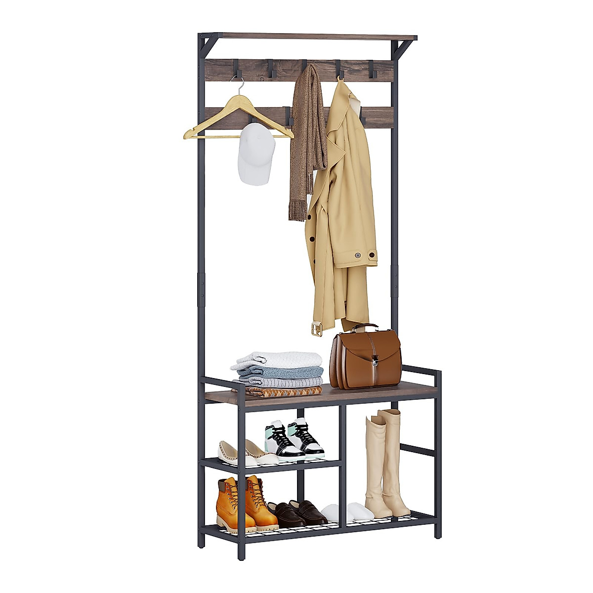 HOMEKOKO Coat Rack Shoe Bench, Hall Tree Entryway Bench with Storage, Wood Look Accent Furniture with Metal Frame, 3-in-1 Design (Dark Brown)