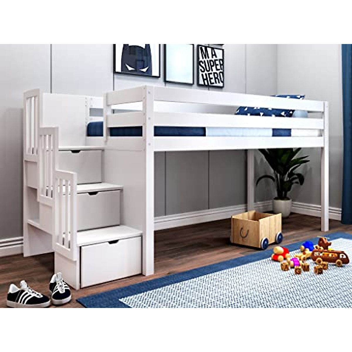 JACKPOT! Contemporary Low Loft Twin Bed with Stairway, Loft Bed, White