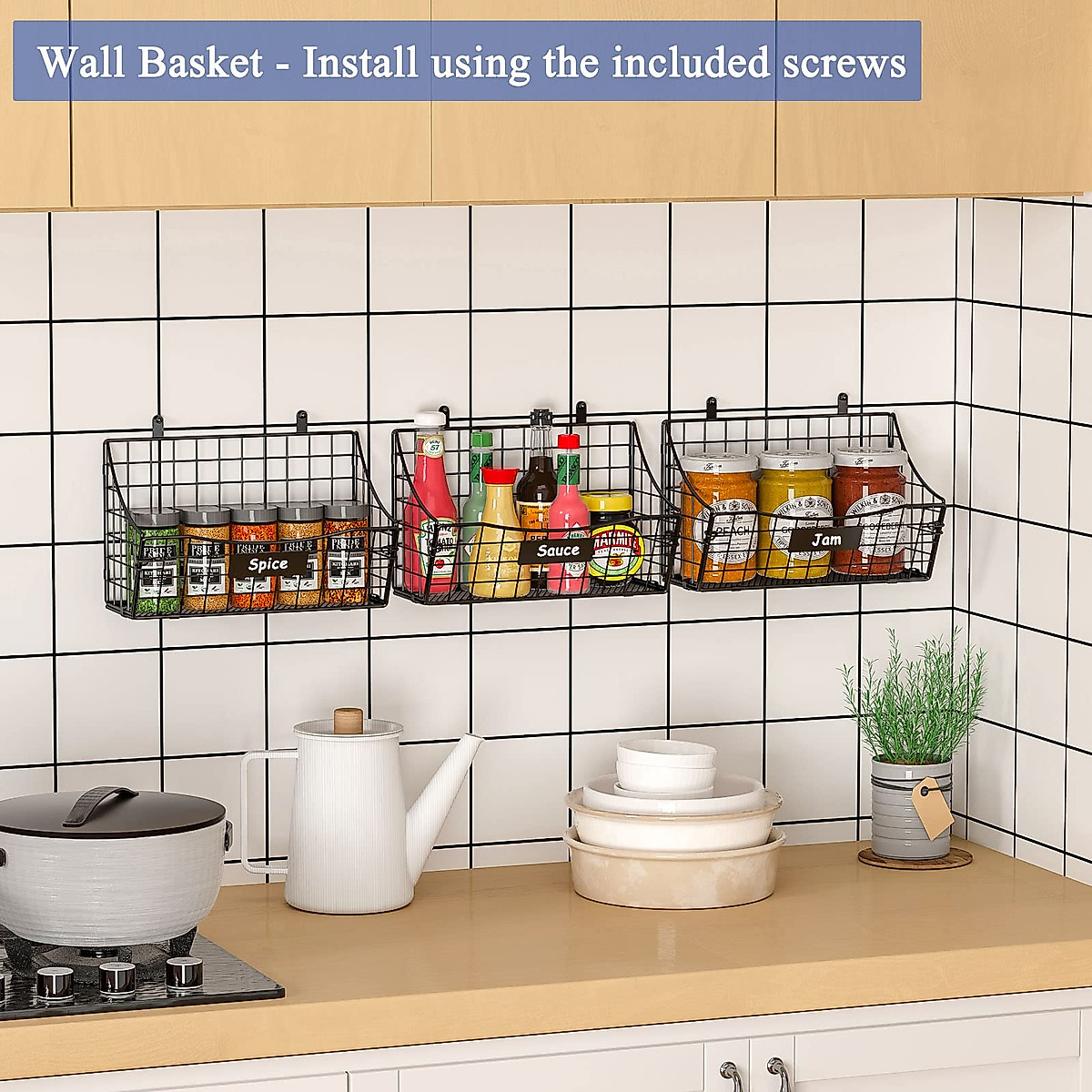 3 Pack Over Cabinet Door Organizer - Stackable Metal Storage Baskets with 3 Short/Mid/Long Wall Hooks+Name Plate+5 S Hooks for Kitchen Bathroom Laundry - Hanging Cabinet Door Organizer, Shampoo Spice