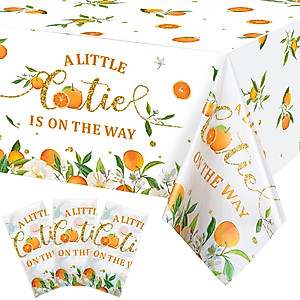 Little Cutie Tablecloth Orange Fruit Party Supplies Little Cutie is on The Way Disposable Plastic Table Cover for Citrus Baby Shower Birthday Tangerine Party Decoration, 54 x 108 Inches (3 Pack)
