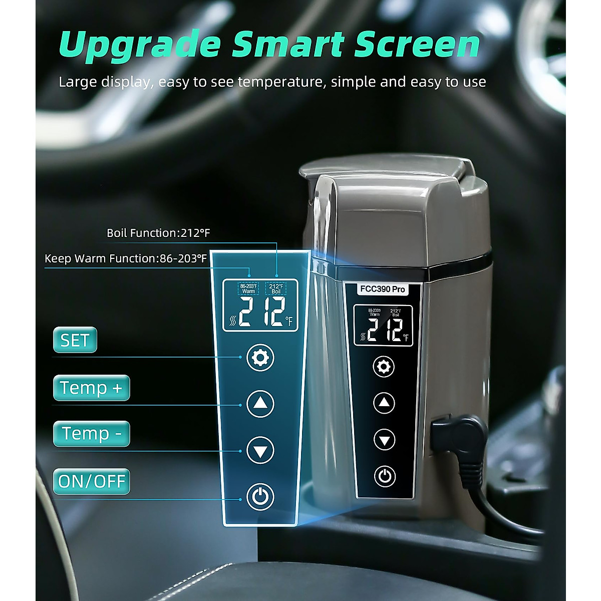 BLONGKY Portable Electric Car Kettle: 12V/24V Kettle Mini Water Boiler for Car Heated Travel Mug,Smart Precision Temperature Adjustment Coffee Tea Truck Cup with Handy Kettle Bag (Taupe, 400ML)