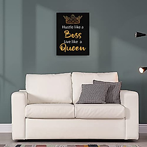 IIONGDE Hustle Like A Boss Live Like A Queen Canvas Frame Wall Art,Hustle Motivational Quotes Wall Art Canvas for Girl Women Home Office Bedroom Wall Decor-12" x 15"
