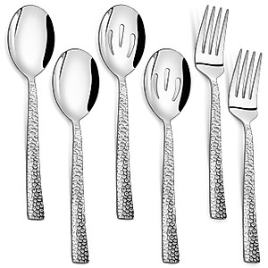 HaWare Hammered Serving Utensils Set, 6-Piece Stainless Steel Square Hostess Serving Set include Serving Spoon, Fork, Slotted Spoon for Party Buffet Banquet Catering, Mirror Polished, Dishwasher Safe