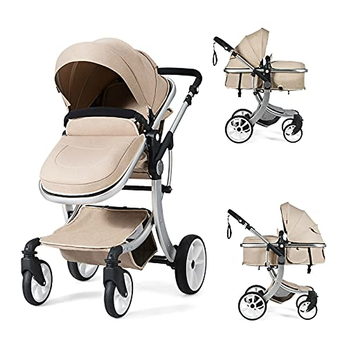 HONEY JOY Baby Stroller, High Landscape Convertible Infant Bassinet Stroller, Adjustable Canopy & Backrest, Storage Basket, Foot Cover, Foldable Newborn Carriage Pram Stroller (Beige)